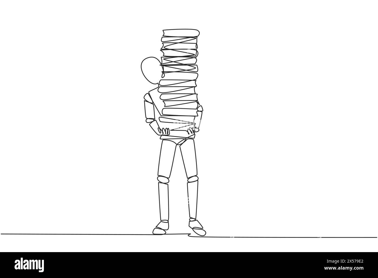 Continuous one line drawing robot carrying tall stack of books covering ...