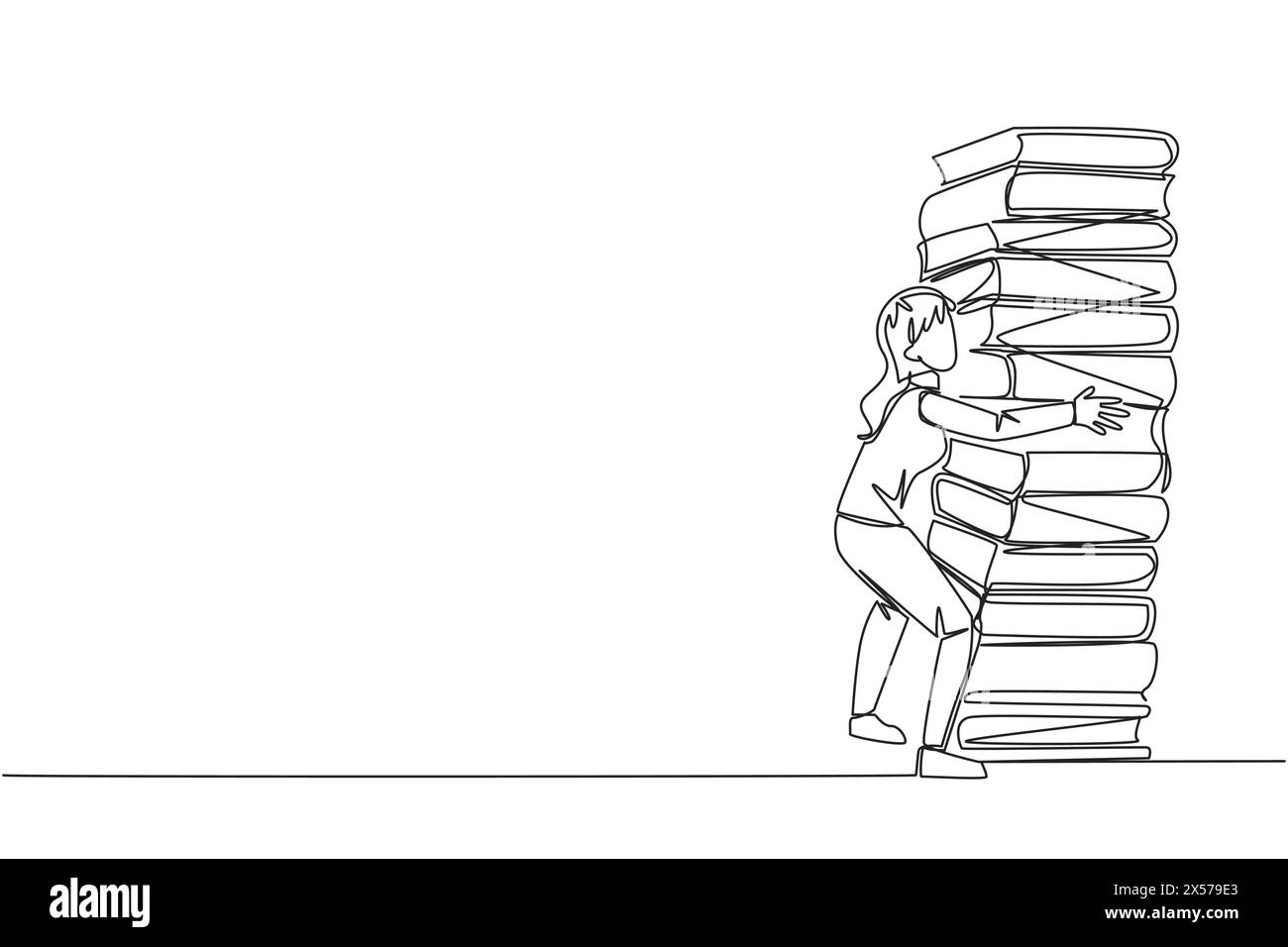Continuous one line drawing woman hugging very high pile of books ...