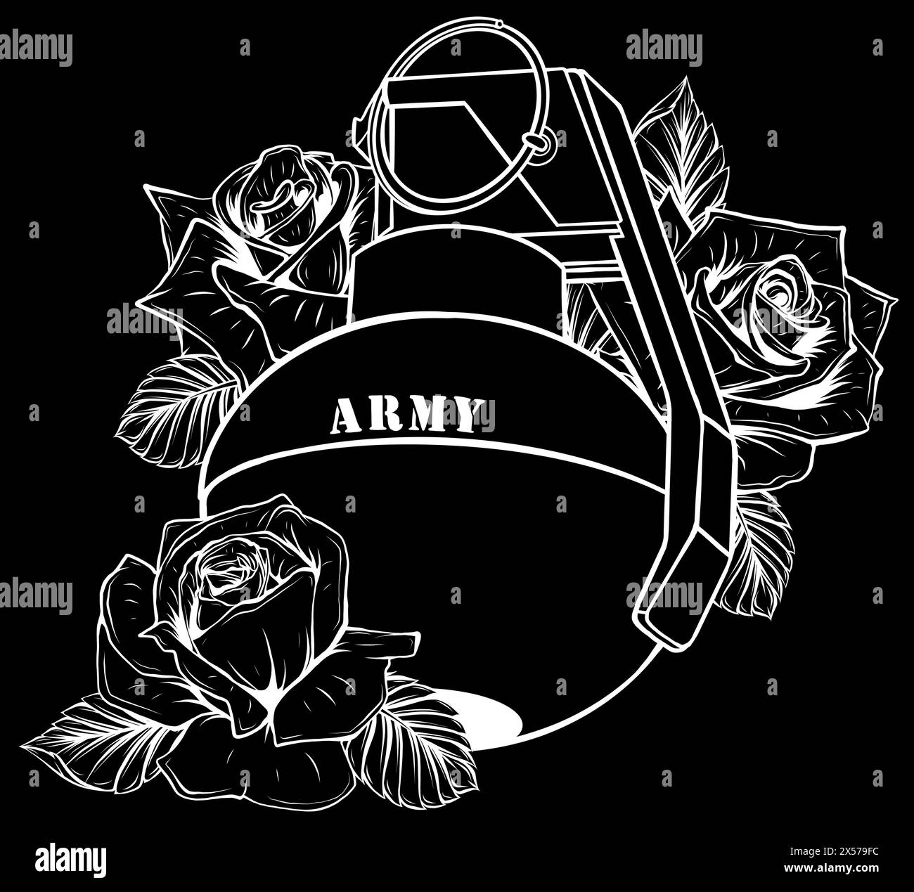 white silhouette of Rose and Grenade on black background vector ...