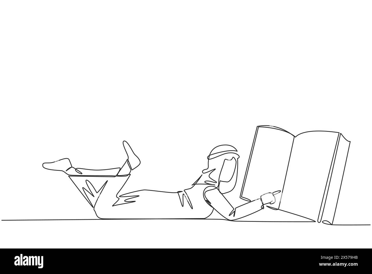 Single continuous line drawing Arab man lying on his stomach reading ...