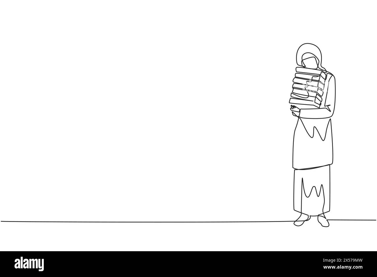 Single continuous line drawing Arabian woman standing hugging some ...