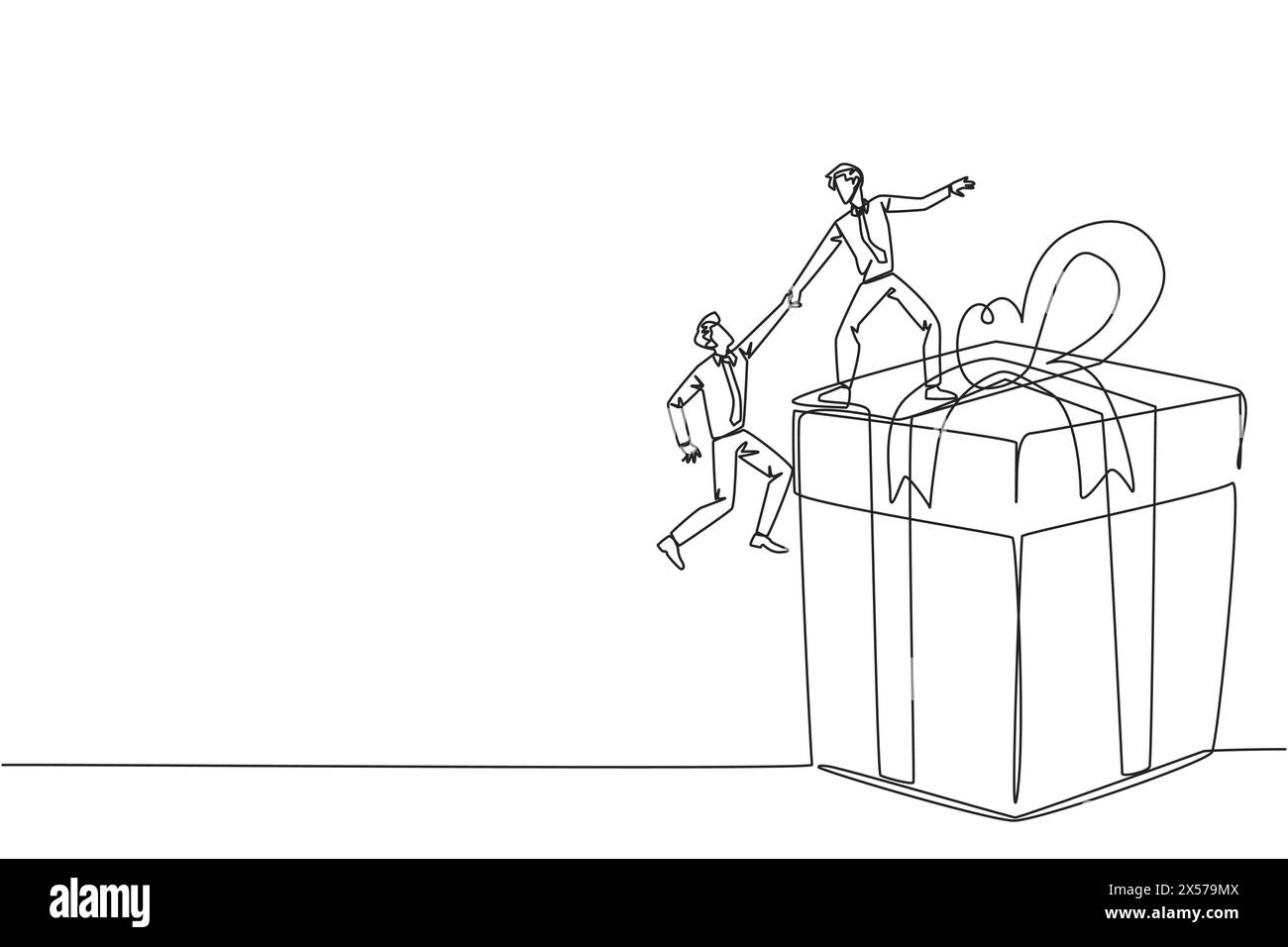 Continuous one line drawing businessman helps colleague climb big gift ...