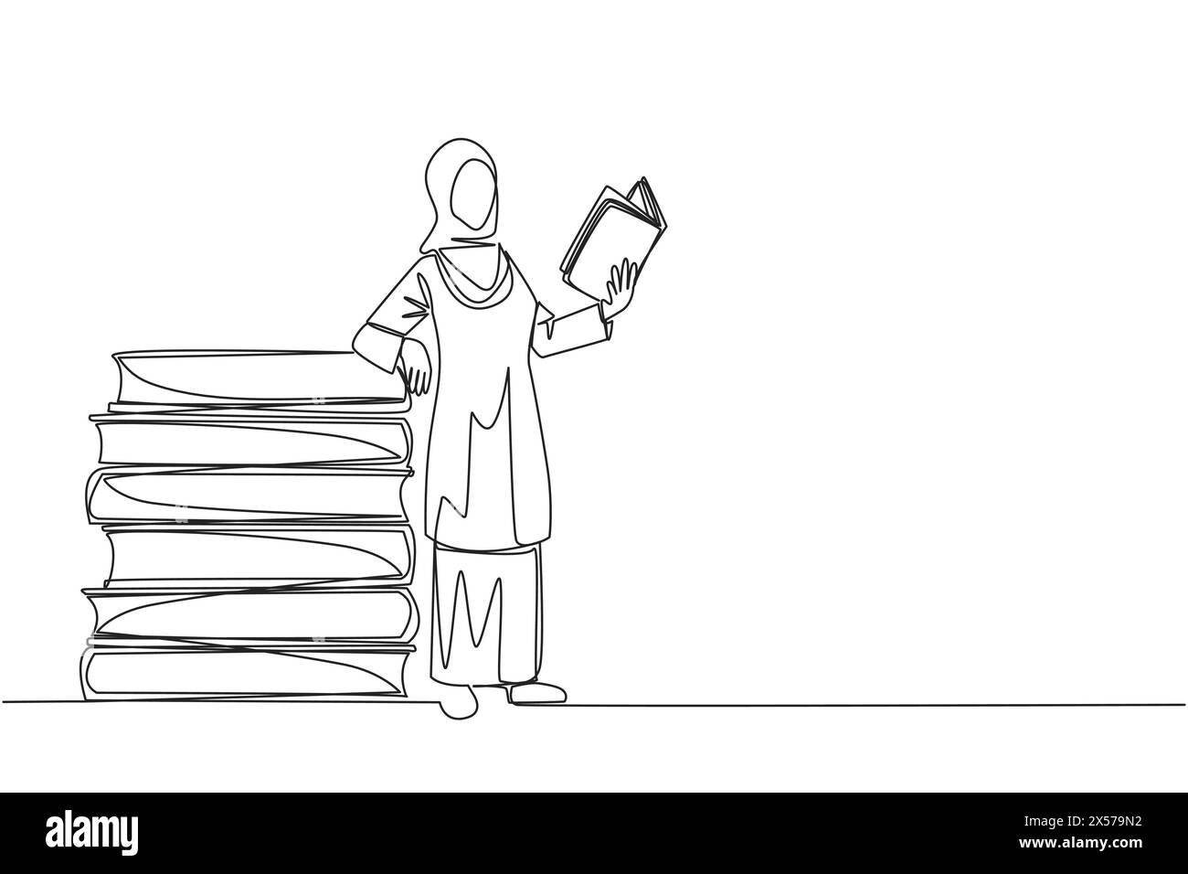 Continuous one line drawing Arabian woman standing reading book while ...