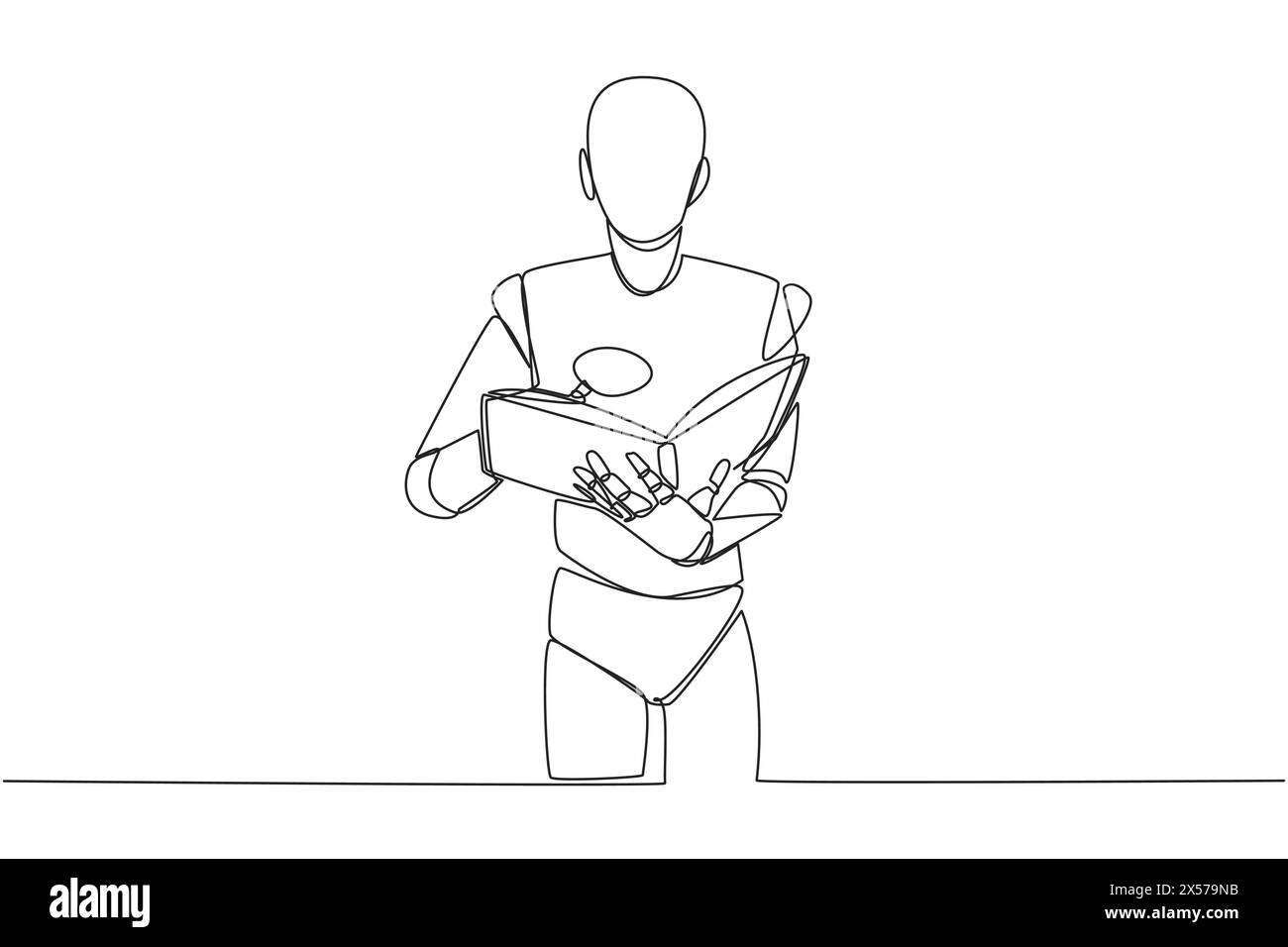 Single continuous line drawing smart robot reading book while holding a magnifier. Small letters ...