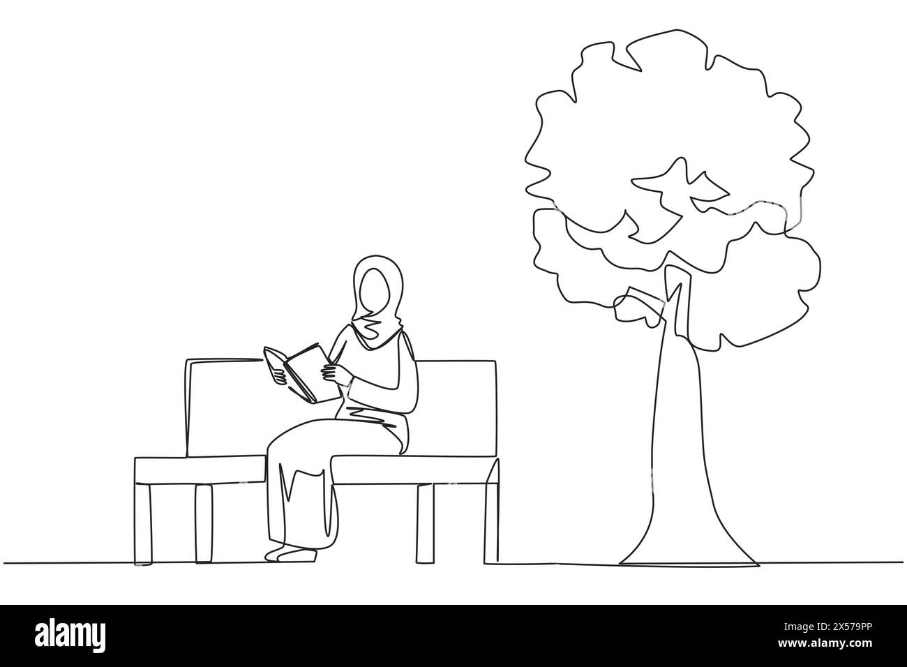 Single one line drawing Arabian woman sitting on park bench reading ...