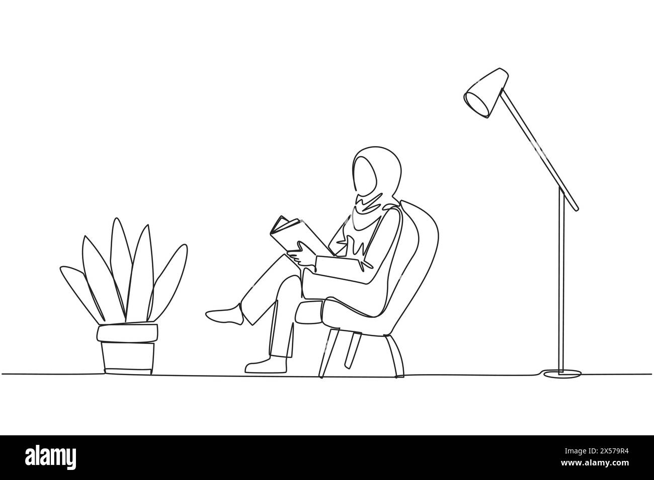Single one line drawing Arabian woman sitting reading in room with the ...