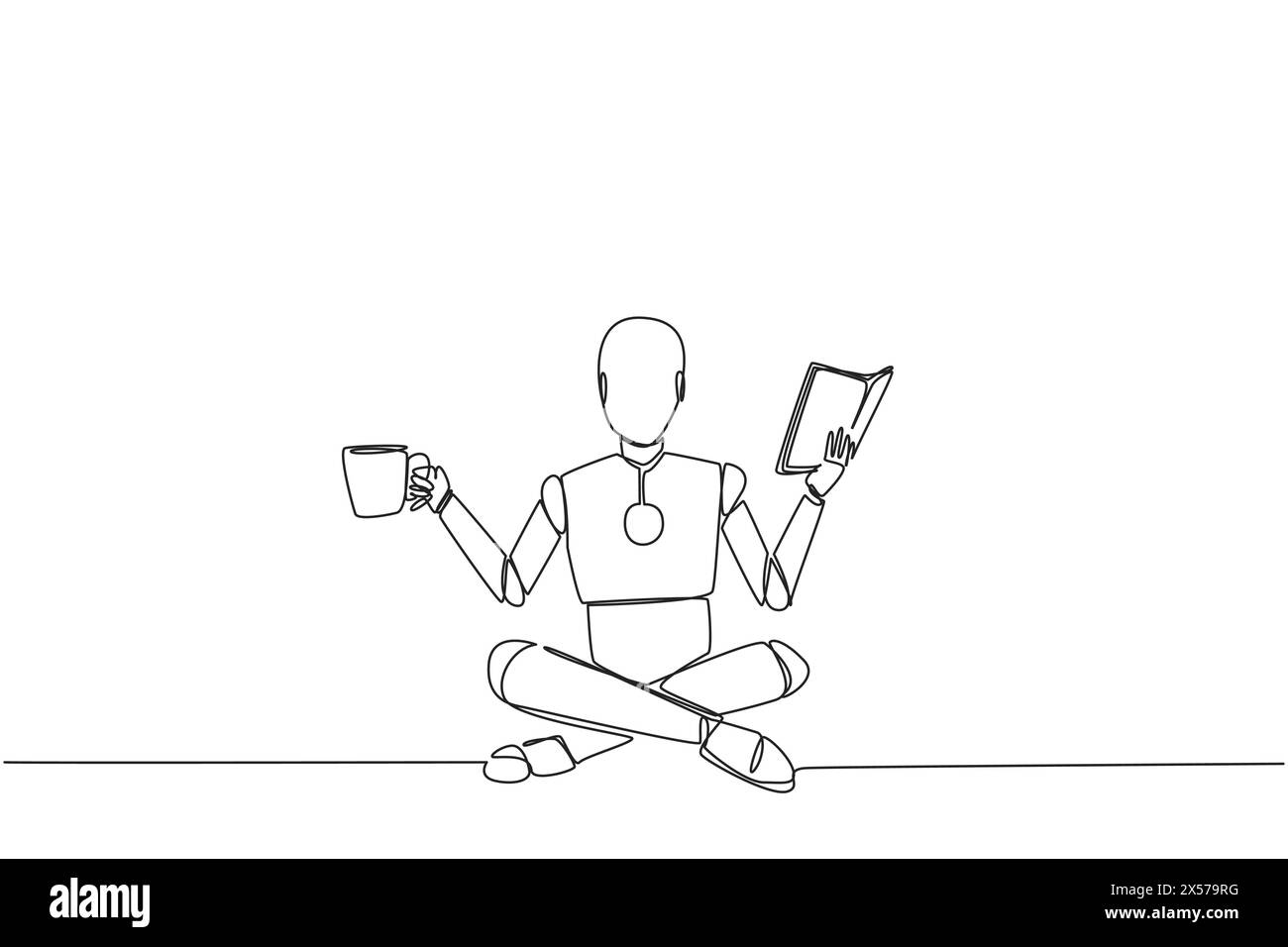 Single one line drawing smart robot sitting cross-legged reading book ...