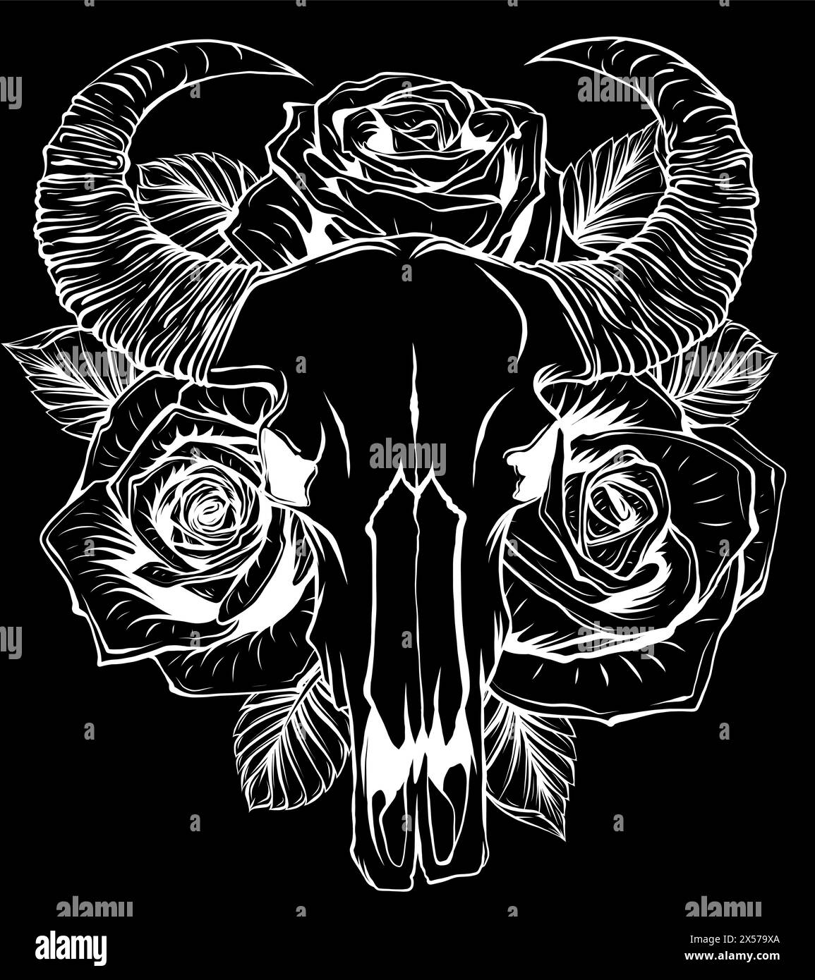 white silhouette of bull skull with roses on her head on black ...