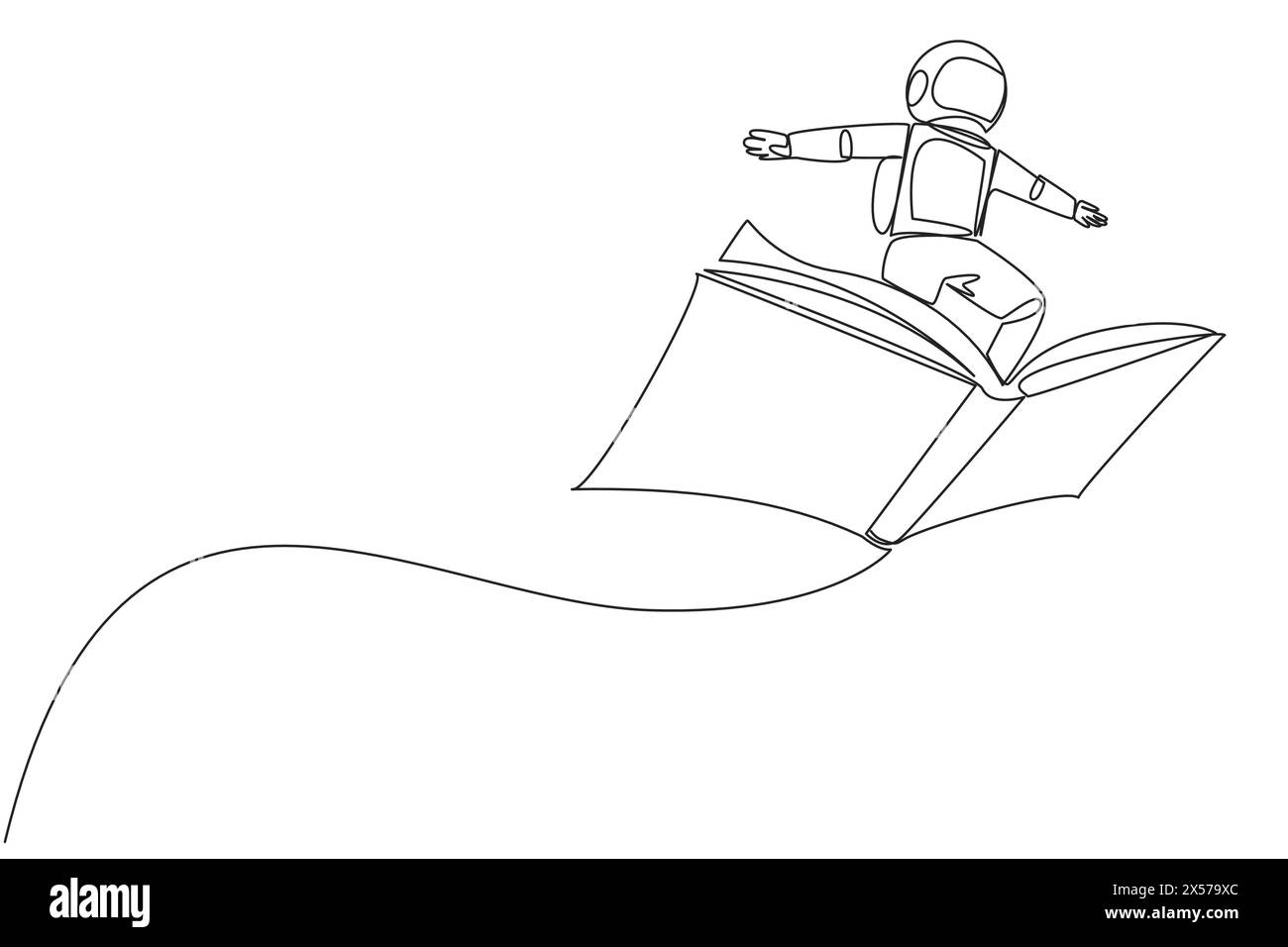 Continuous one line drawing astronaut standing on large flying open ...