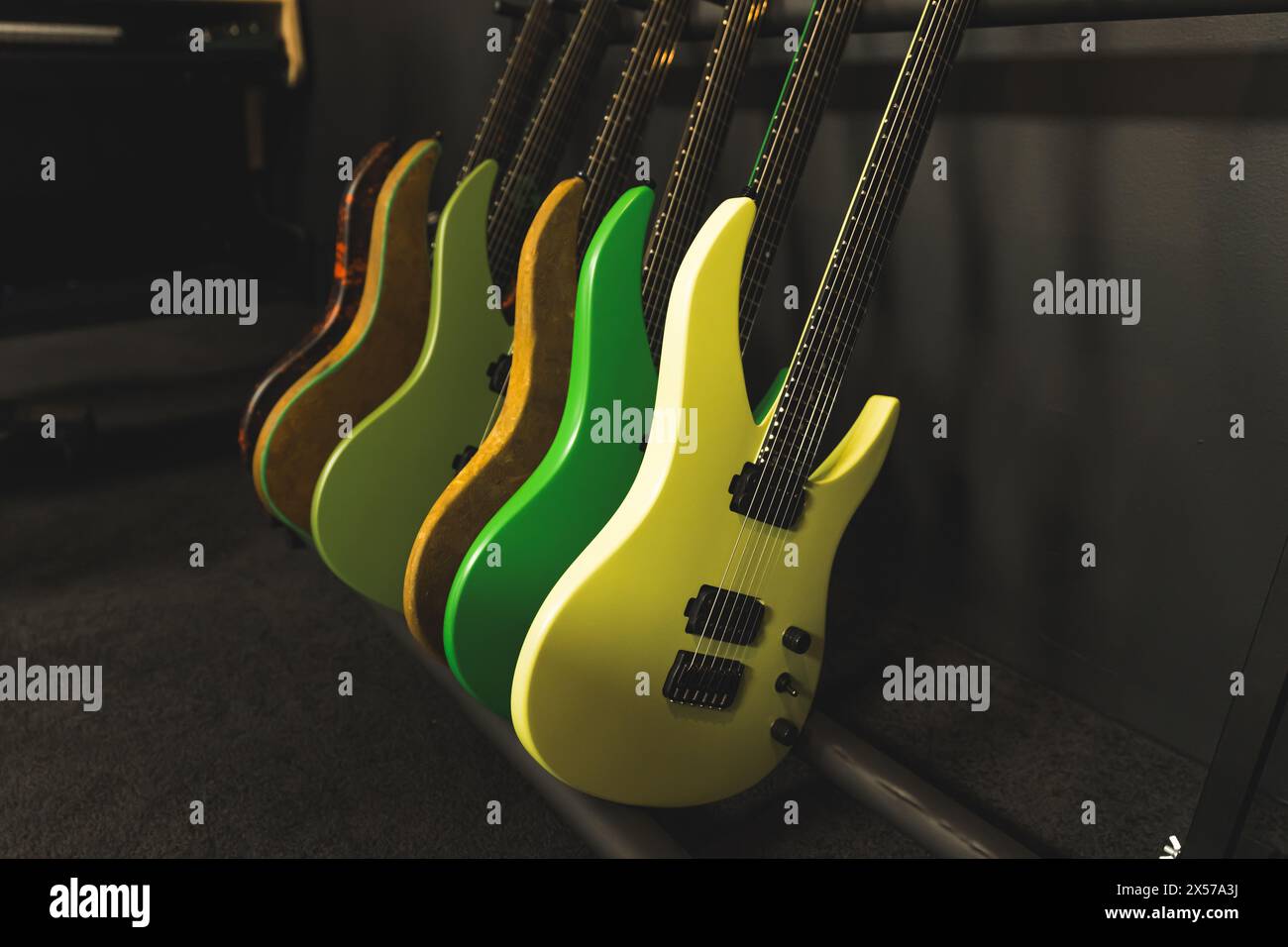 different color guitars in the music studio, musical concept. High ...