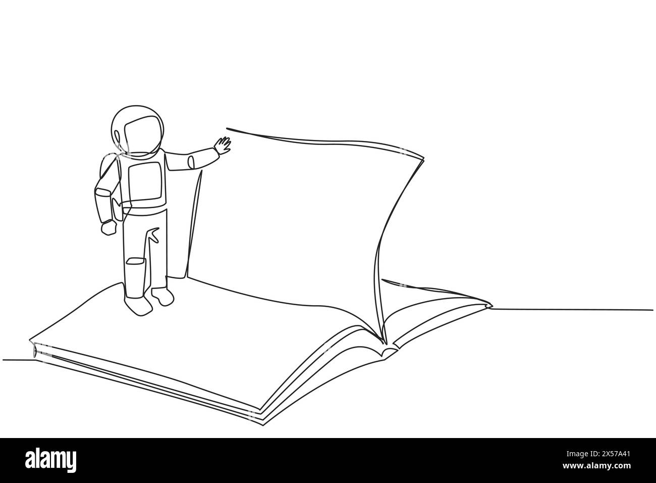 Continuous one line drawing astronaut standing over open ledger turning ... Continuous one line drawing astronaut standing over open ledger turning ...
