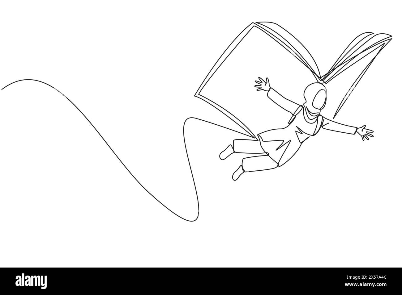 Continuous one line drawing Arab woman flying with wings that come from ...