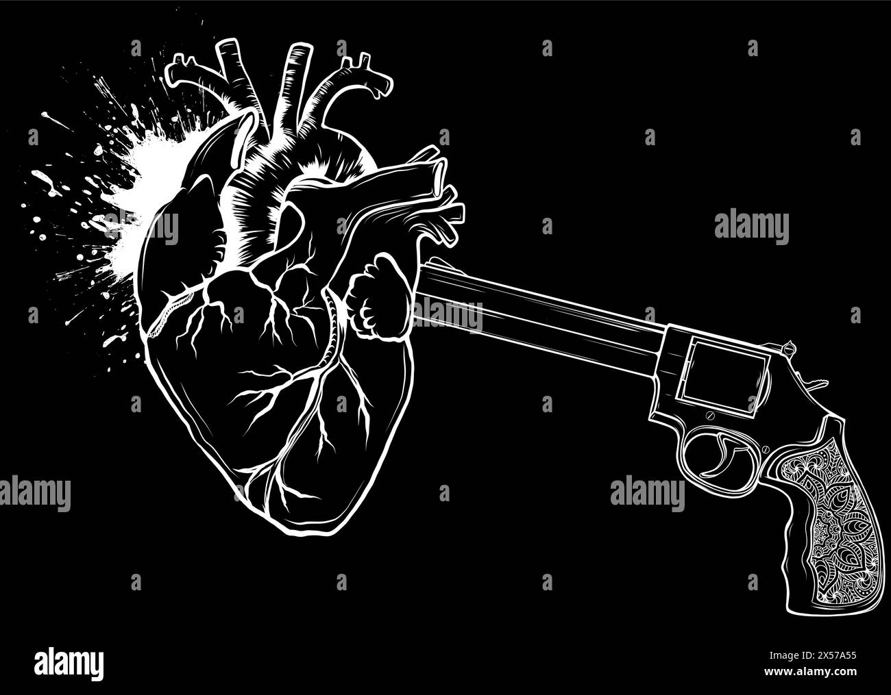 white silhouette of gun with human heart on black background Stock ...