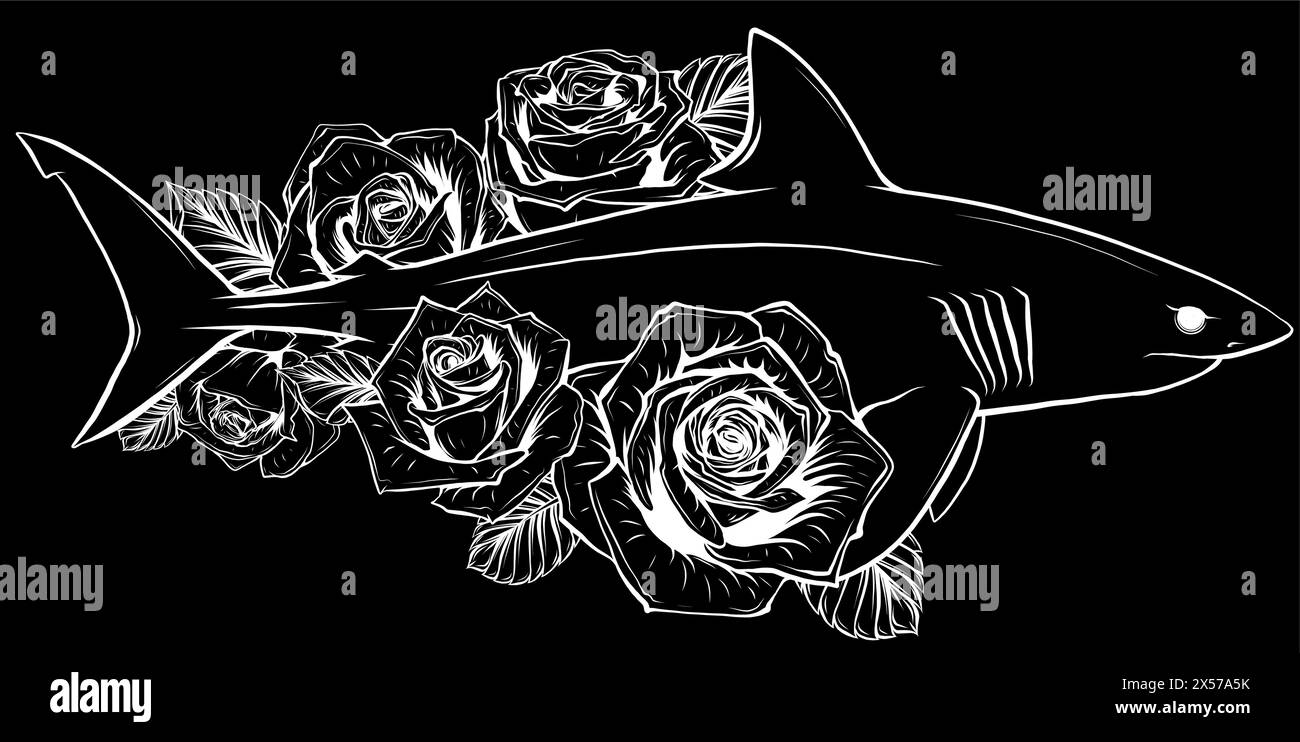 white silhouette of shark with rose flower on black background Stock ...