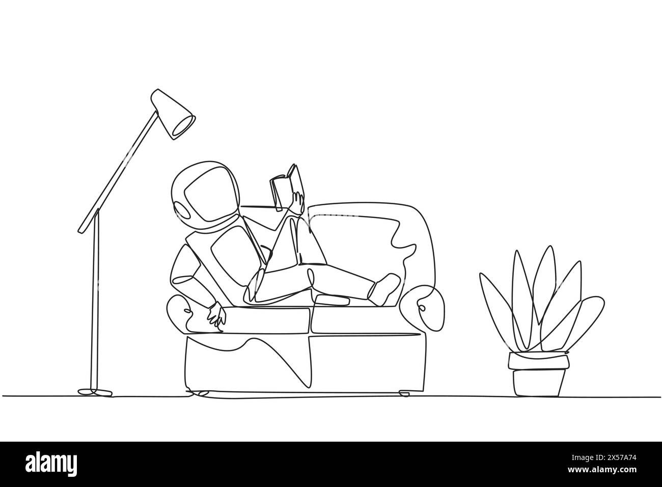 Single continuous line drawing astronaut sitting stretched out on sofa ...