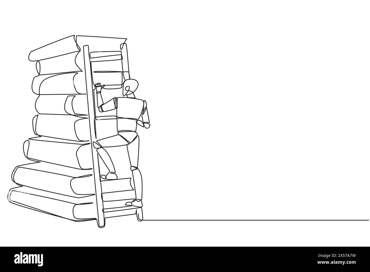 Single one line drawing smart robot climbs a large stack of books with ...