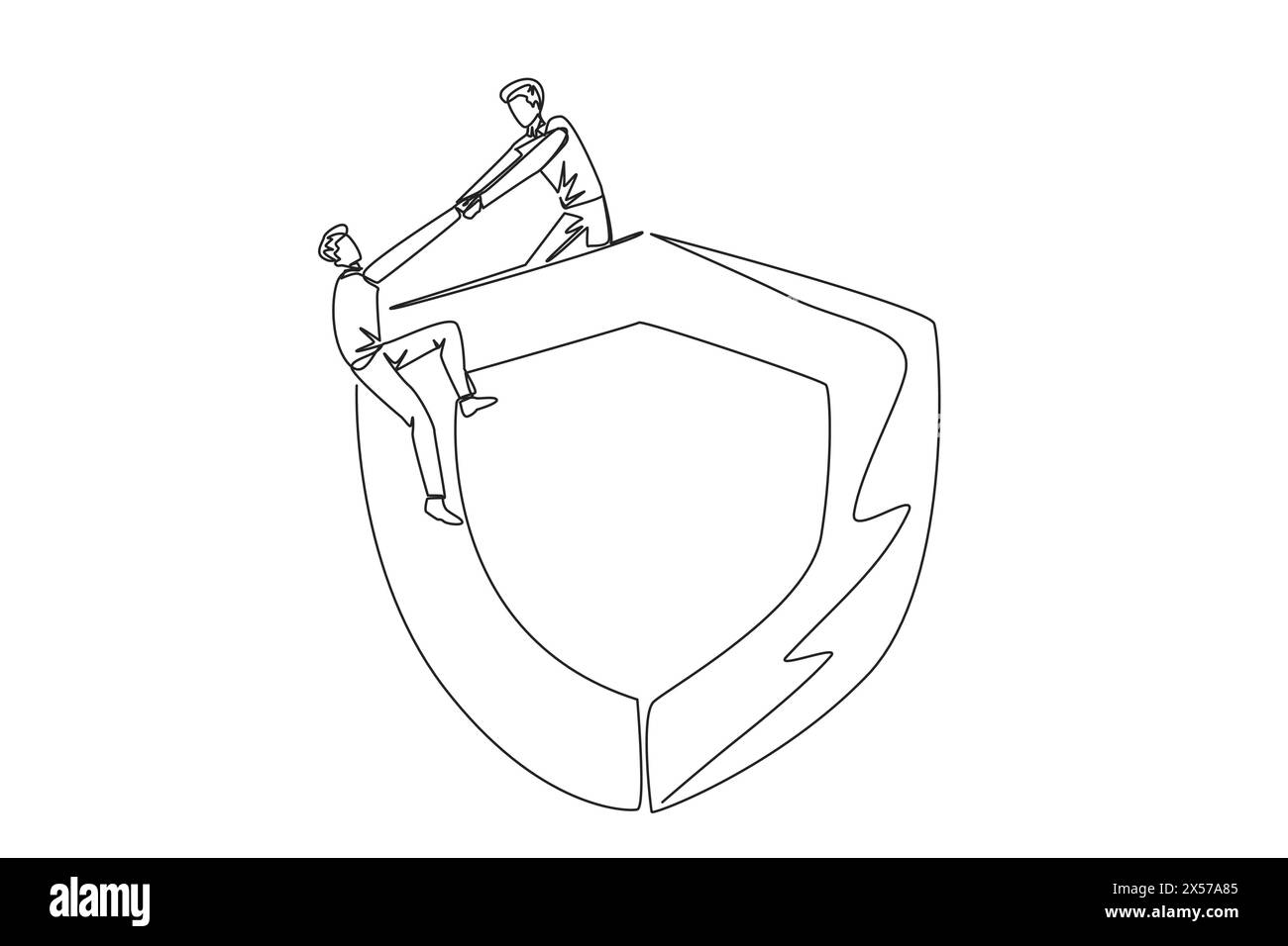 Continuous one line drawing businessman helps colleague climb big ...
