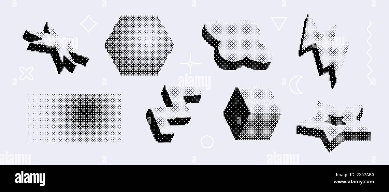 Bitmap textured shape set. Dither halftone geometric object collection. Black cube, zigzag, star ...