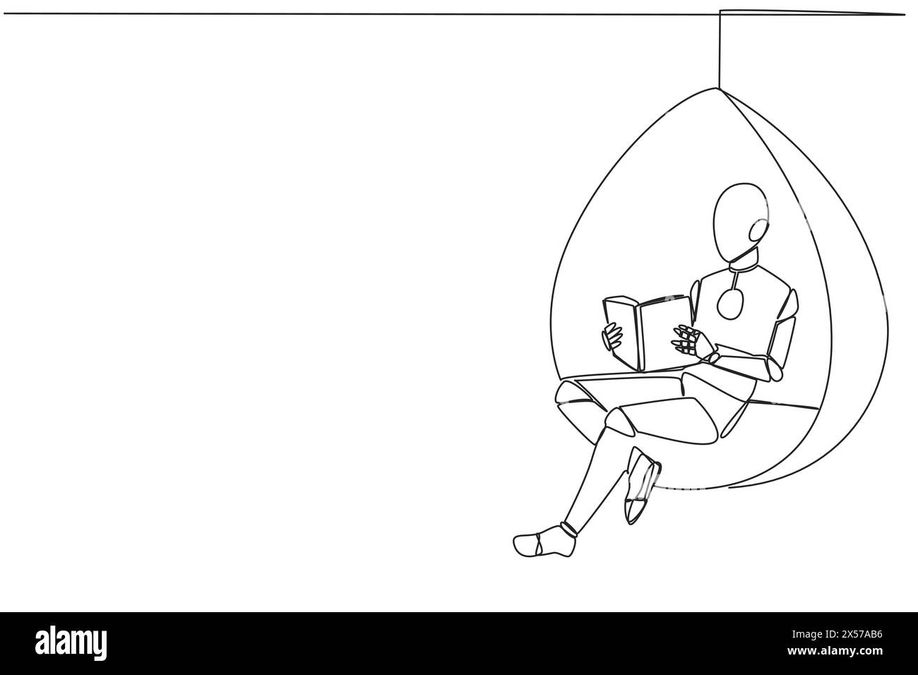Continuous one line drawing robot sitting relax in hanging chair ...