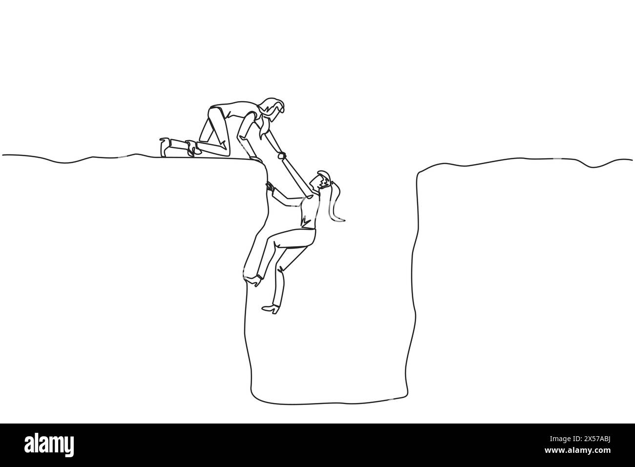 Single one line drawing businesswoman helps colleague climb a wide hole ...