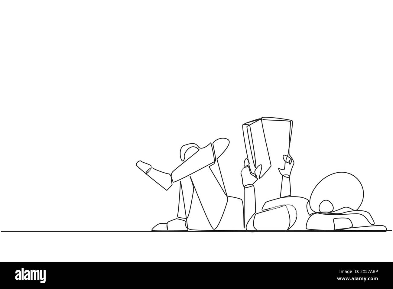 Single continuous line drawing robot lying on back reading book ...