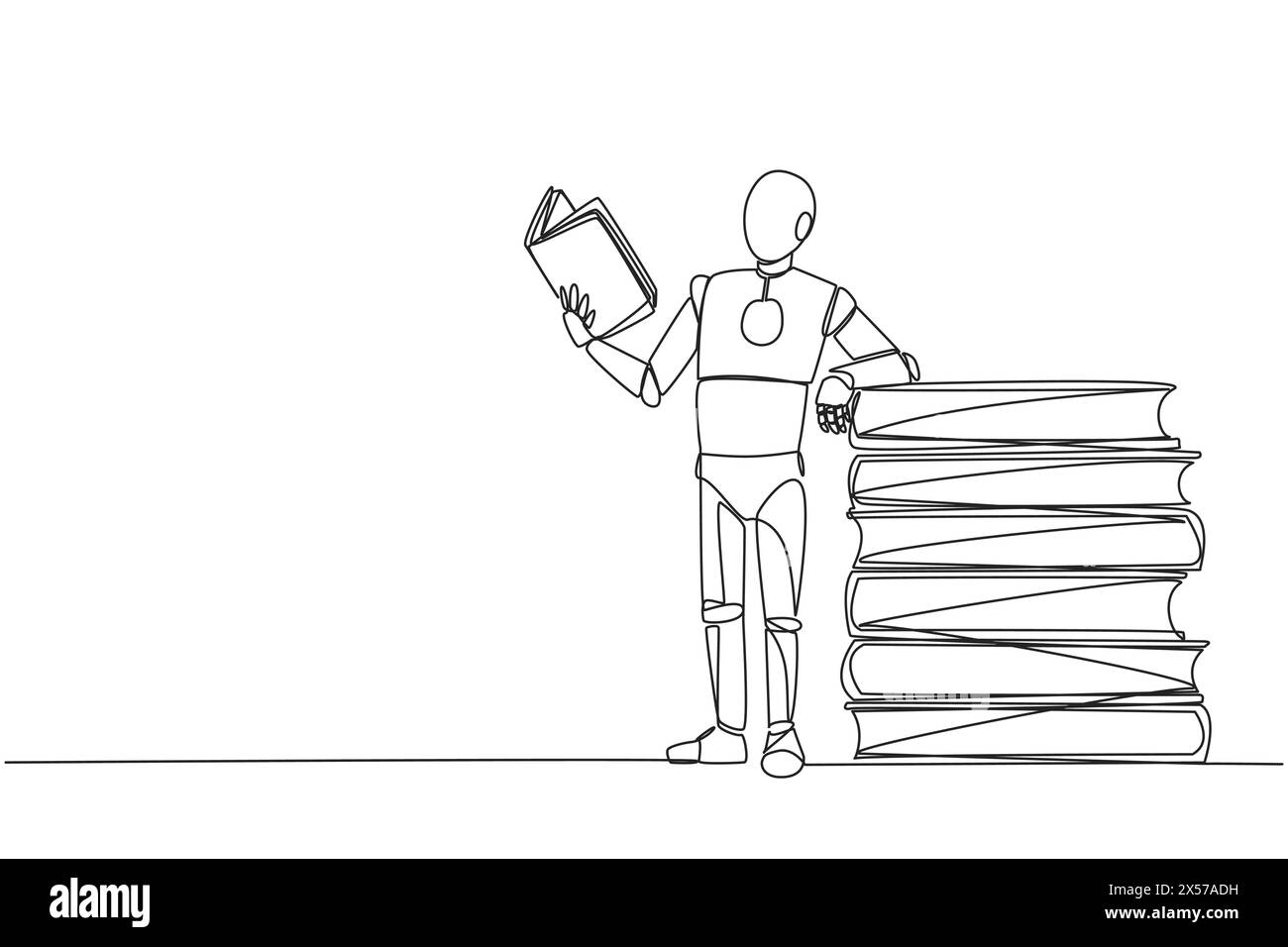 Single continuous line drawing smart robot standing reading book while ...