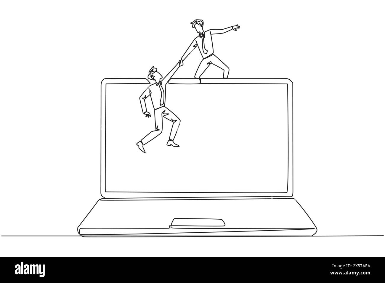 Single one line drawing businessman helping colleague to climb a big ...