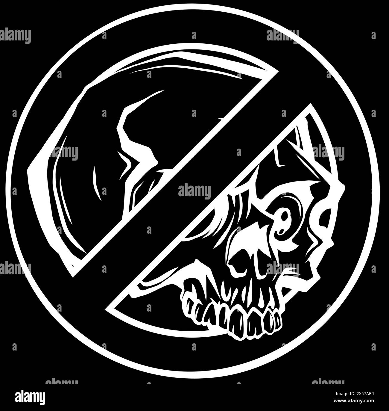 white silhouette of Stop or ban red round sign with skull on black ...