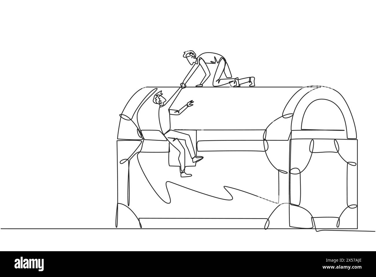 Continuous one line drawing businessman helps colleague climb a large ...