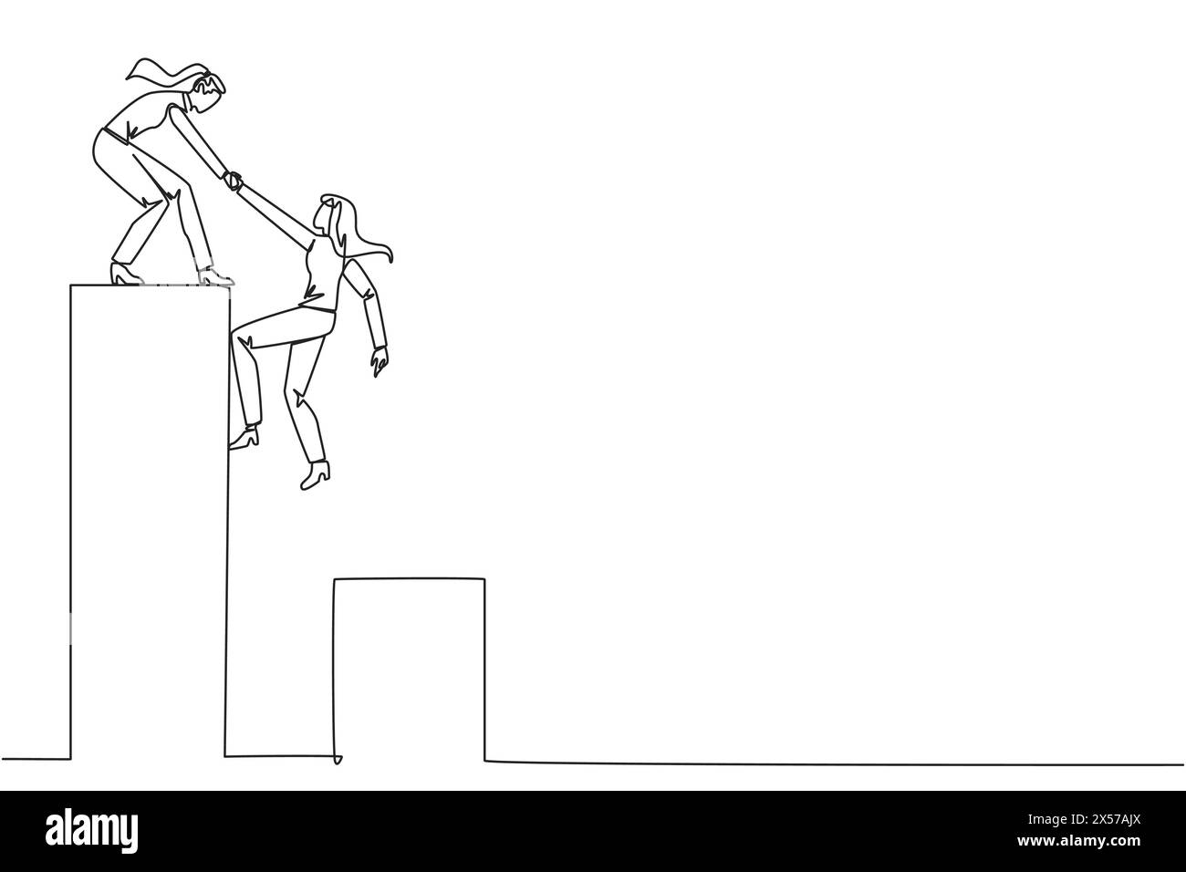 Single continuous line drawing businesswoman helps colleague climbing ...