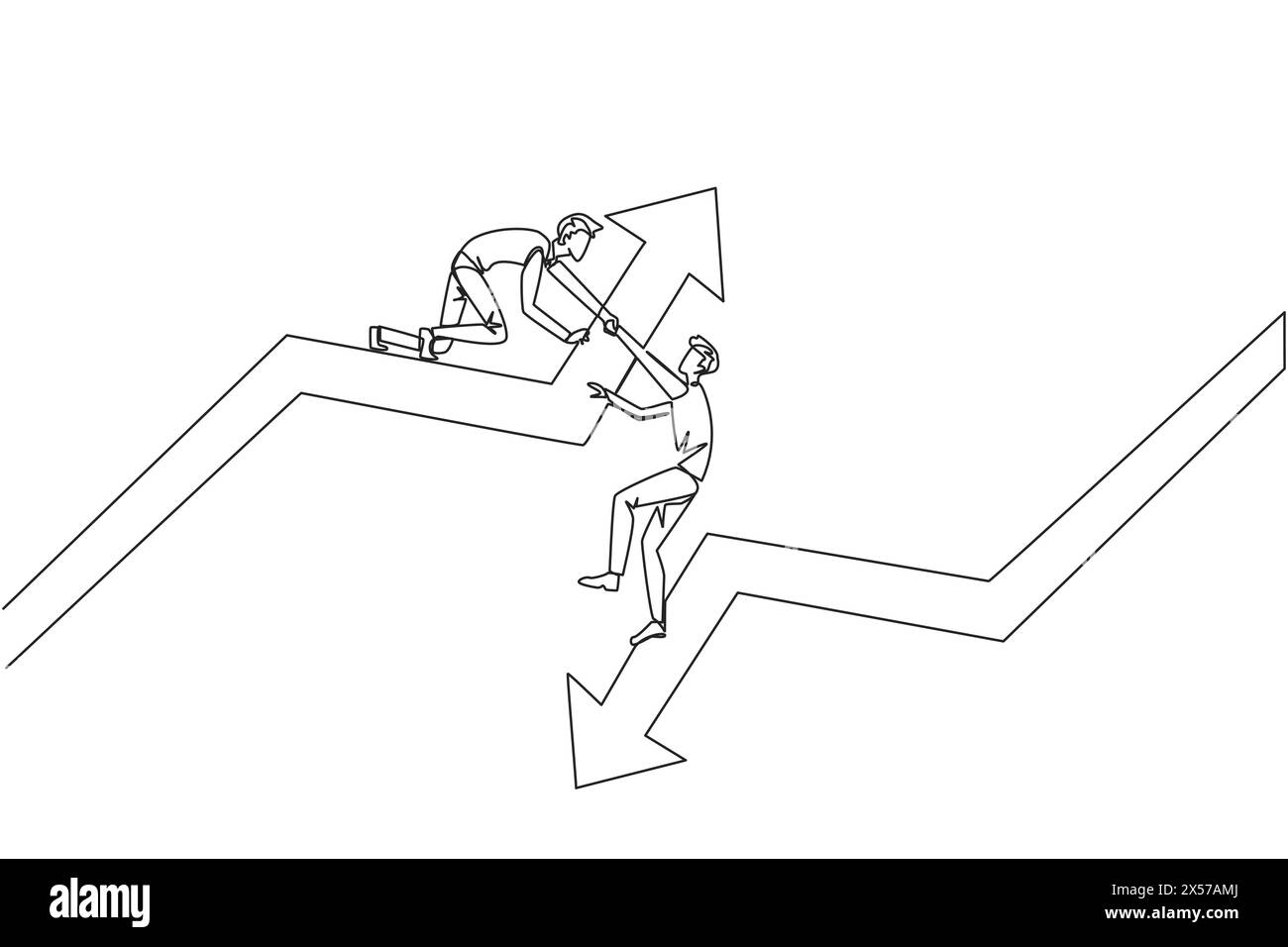 Single continuous line drawing businessman helps colleague climb arrow ...