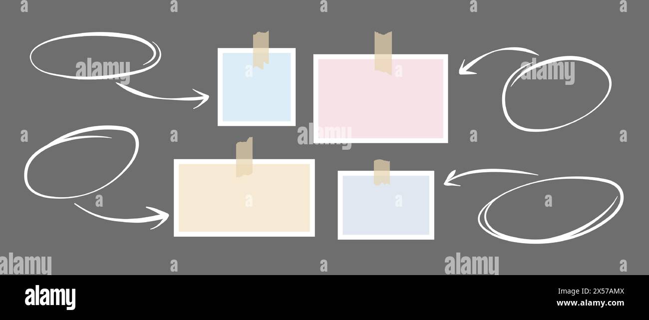 Paper notes glued on adhesive tape and hand drawn arrows and circles ...