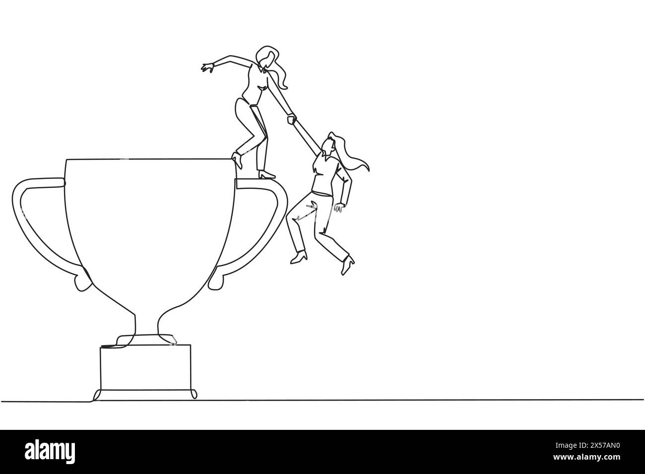 Single one line drawing businesswoman helps colleague climb the big ...