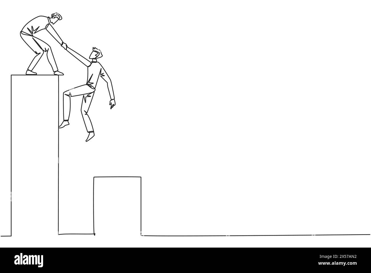 Continuous one line drawing businessman helps colleague climb bar graph ...