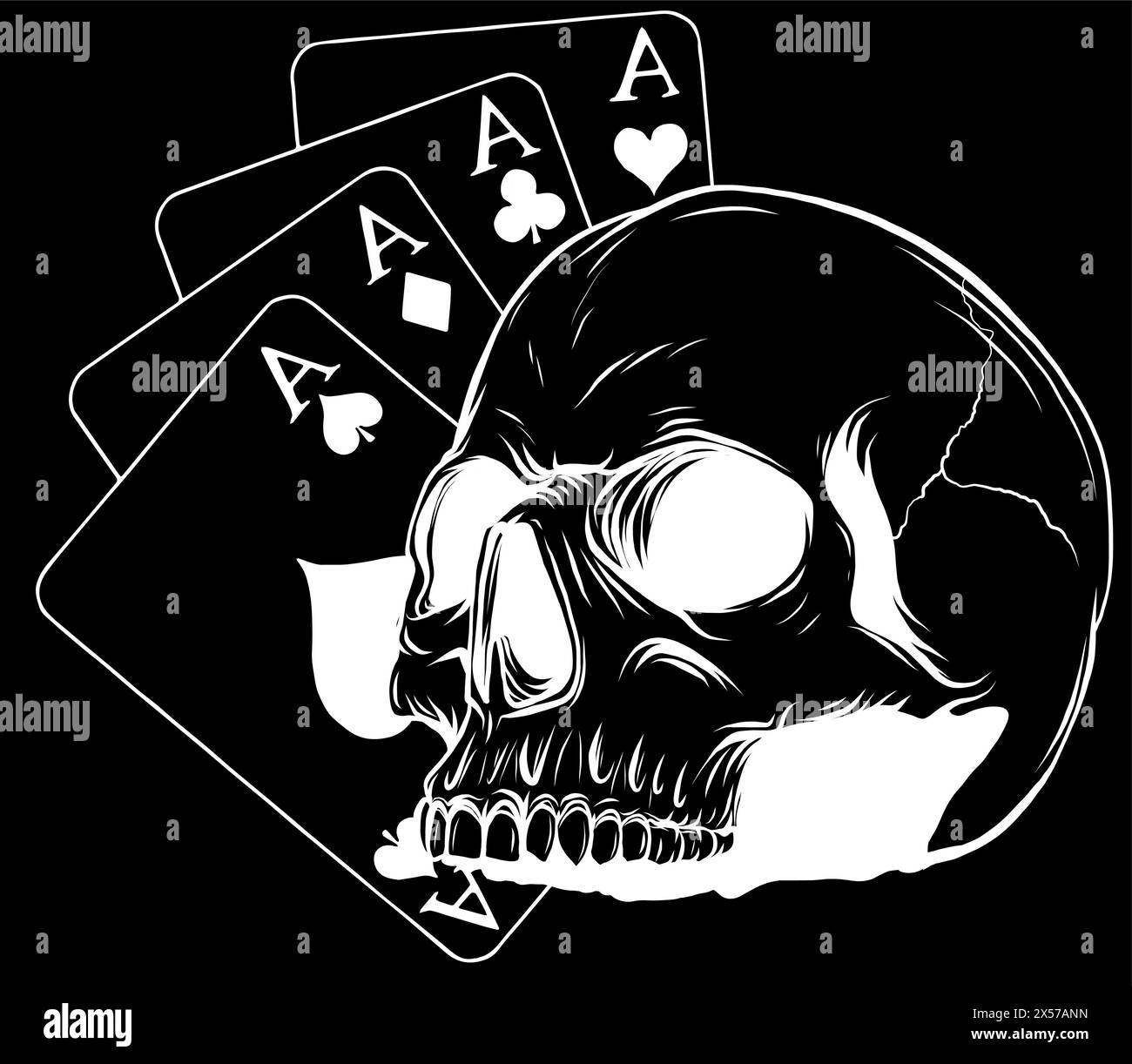 white silhouette of Poker face-Skull and four aces on black background vector illustration Stock ...