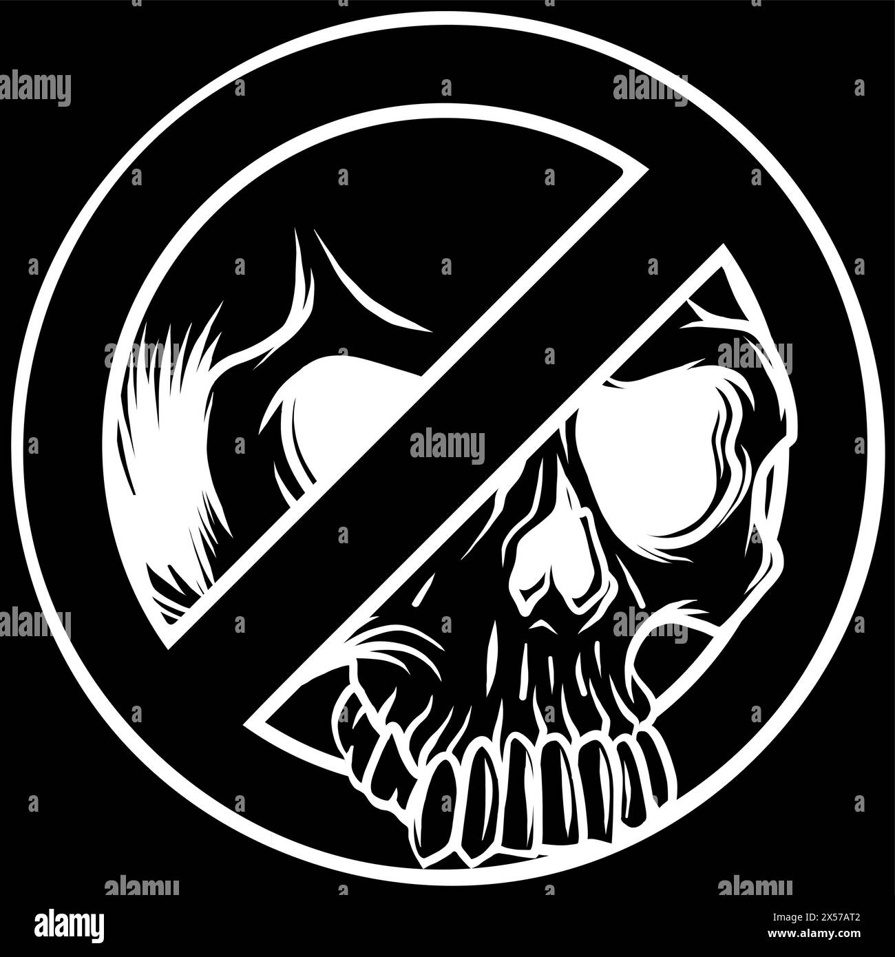 white silhouette of Stop or ban red round sign with skull on black ...
