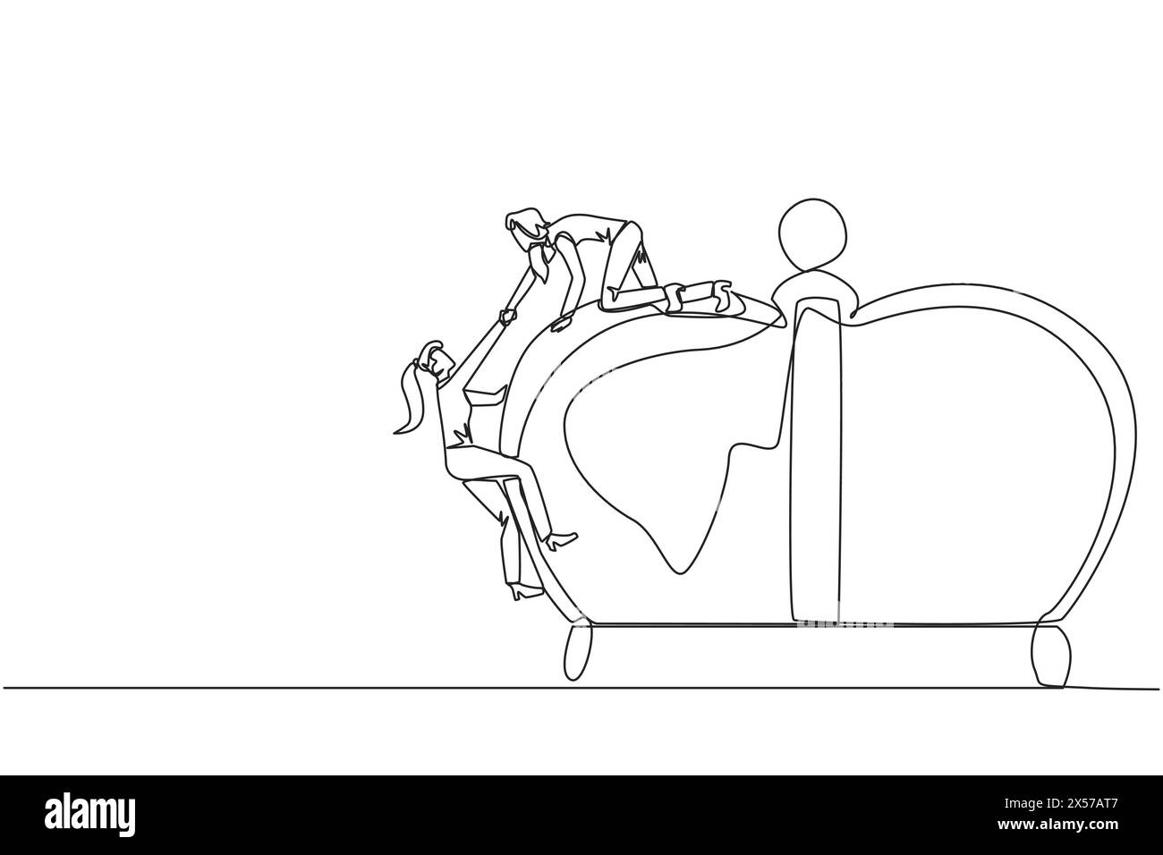 Single continuous line drawing businesswoman helps partner climb the ...