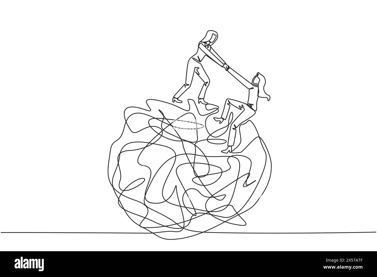 Continuous one line drawing businesswoman helps colleague climb big ...