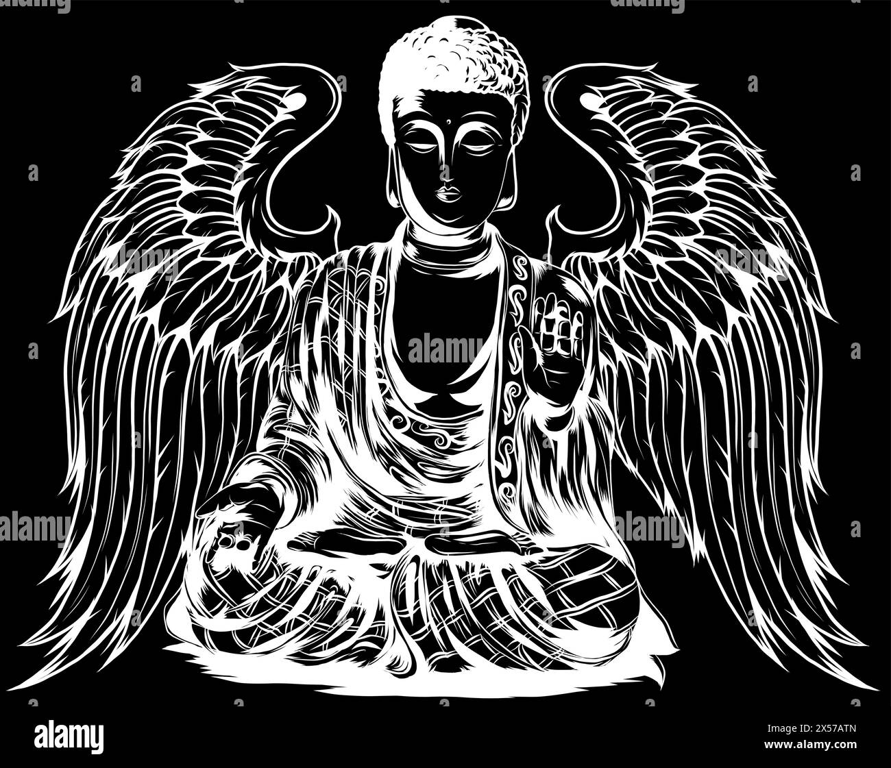 white silhouette of buddha falying emblemon black background vector ...