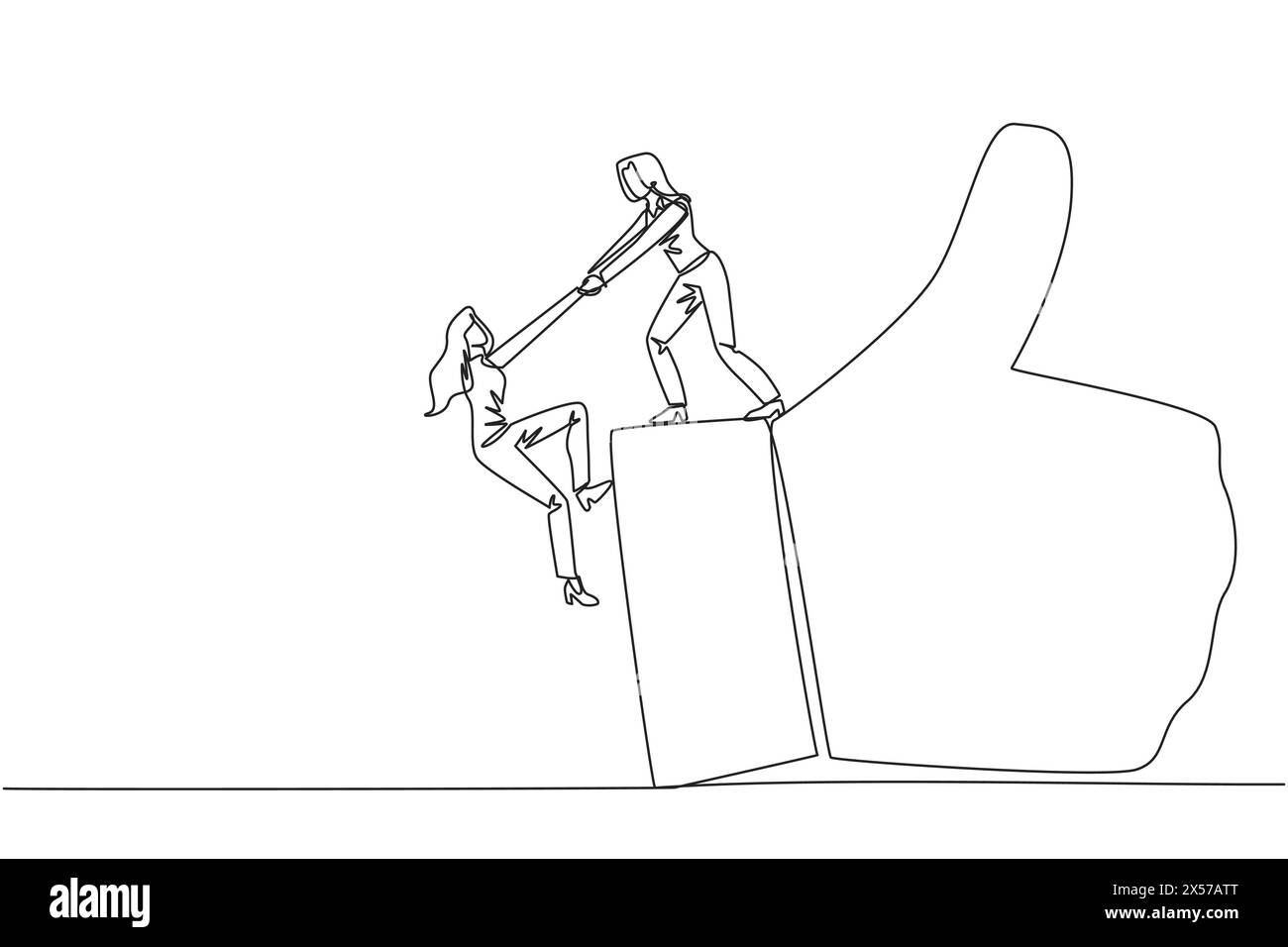 Continuous one line drawing businesswoman helps colleague climb finger ...