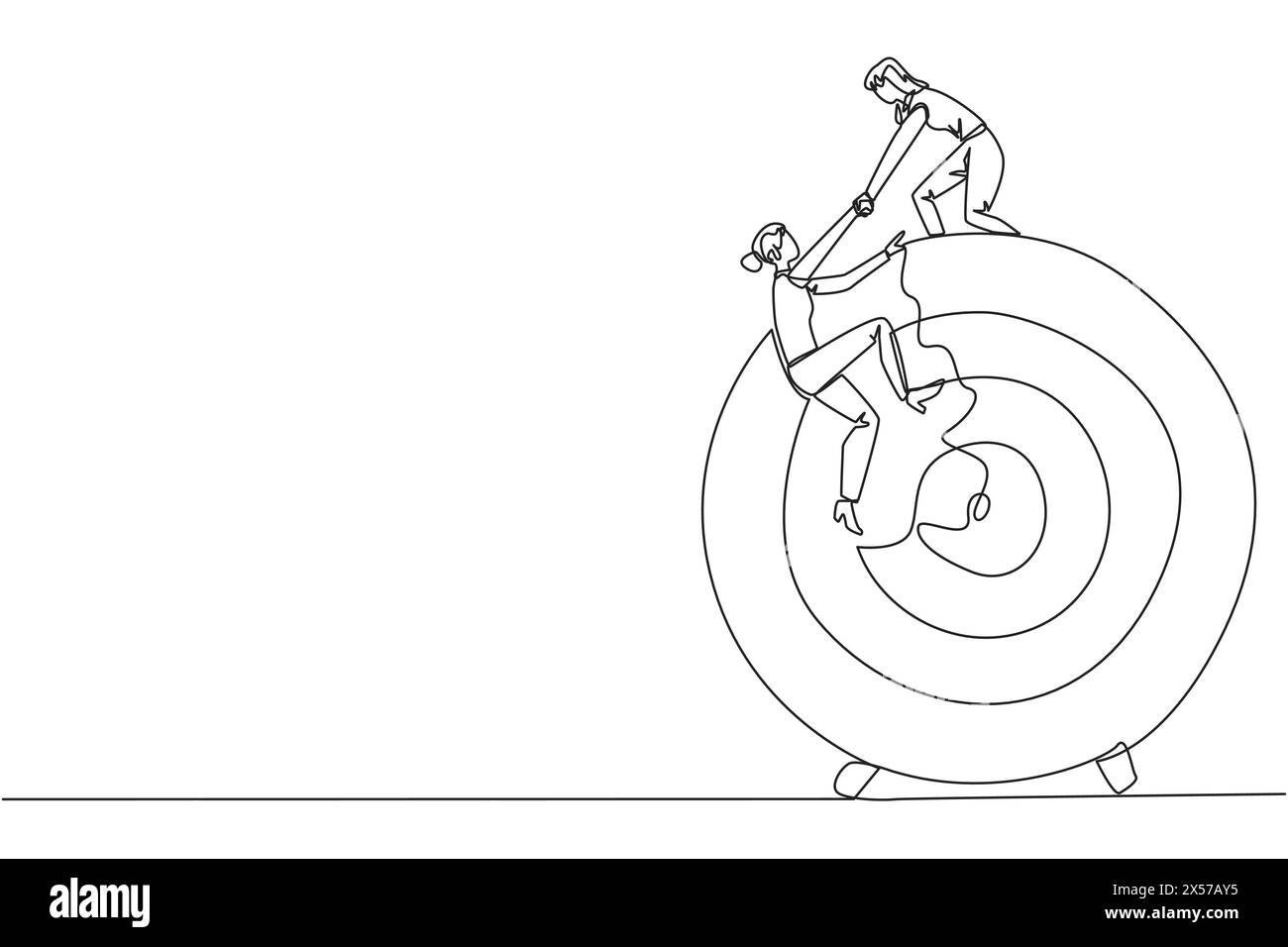 Single one line drawing businesswoman helps colleague climb arrow board ...