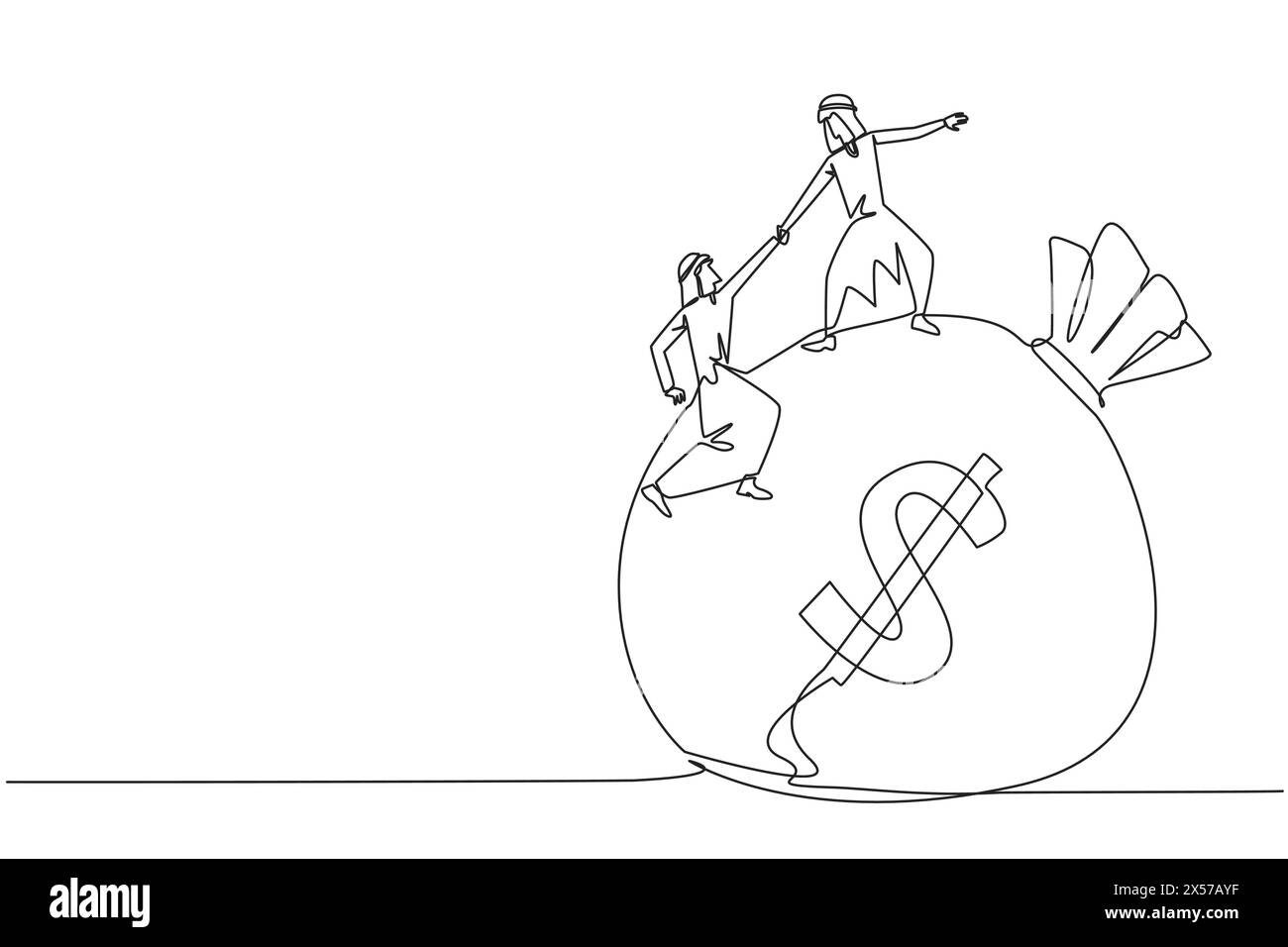 Single one line drawing Arab businessman helps colleague to climb money ...