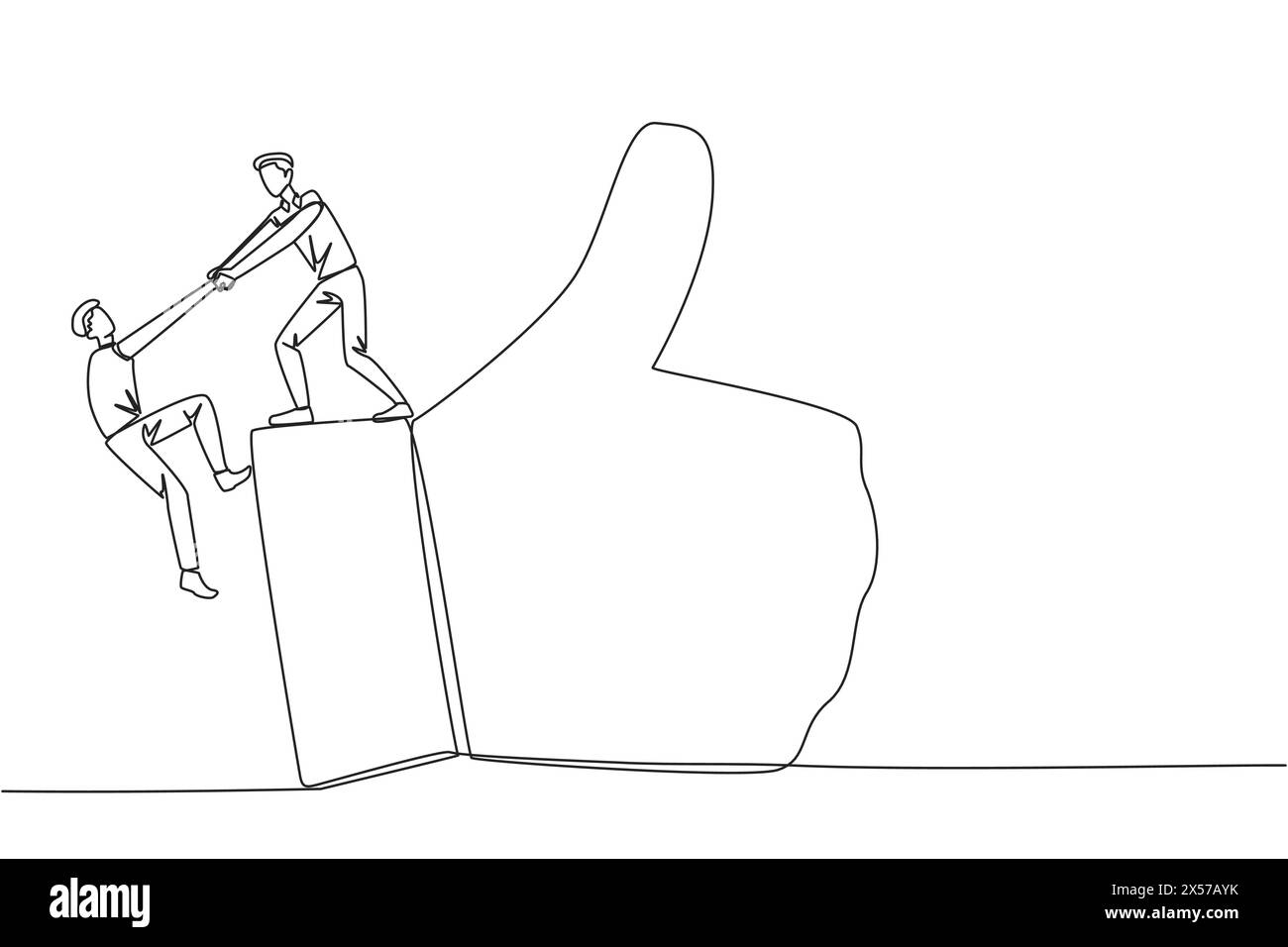 Single continuous line drawing businessman helps colleague climb big ...