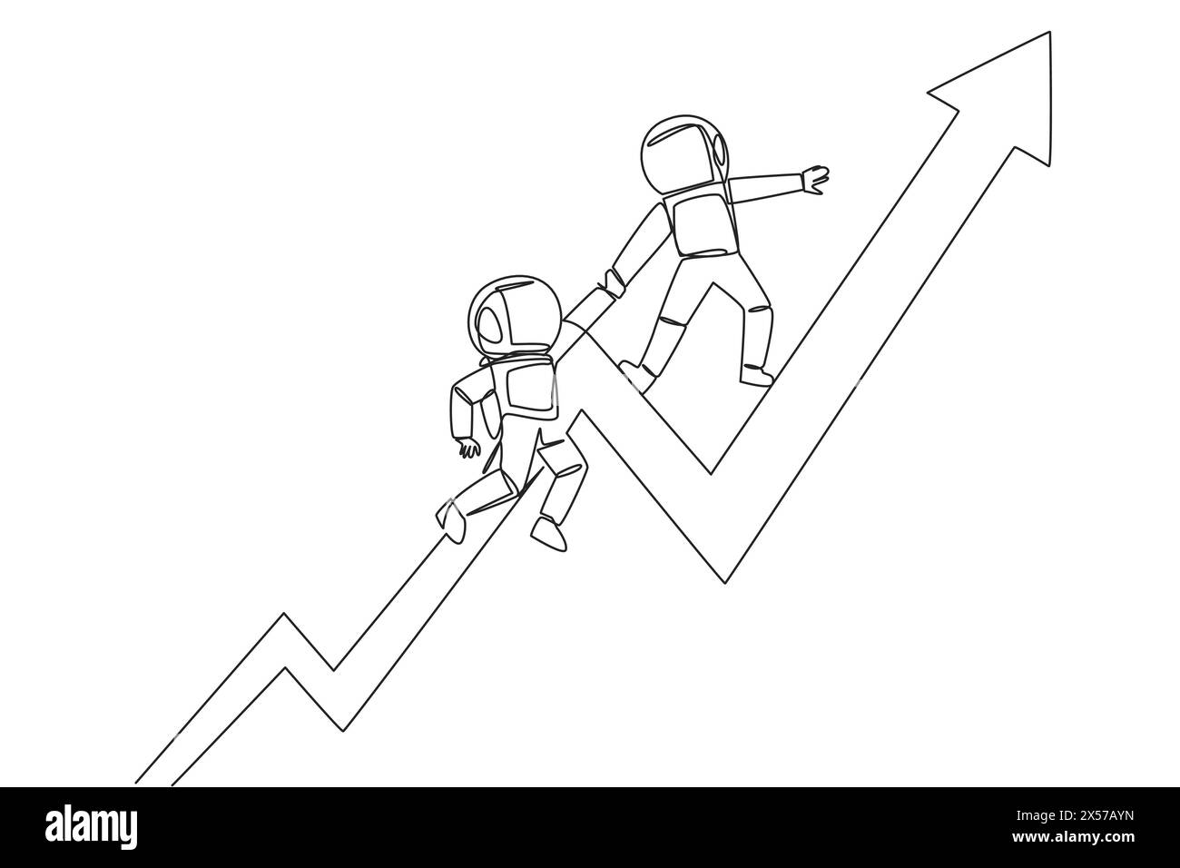 Single one line drawing young astronaut helps colleague to climbs big ...