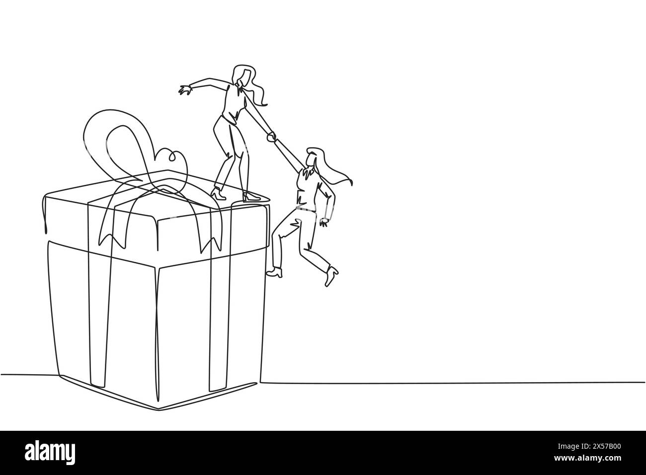 Single one line drawing businesswoman helps colleague climb big gift ...