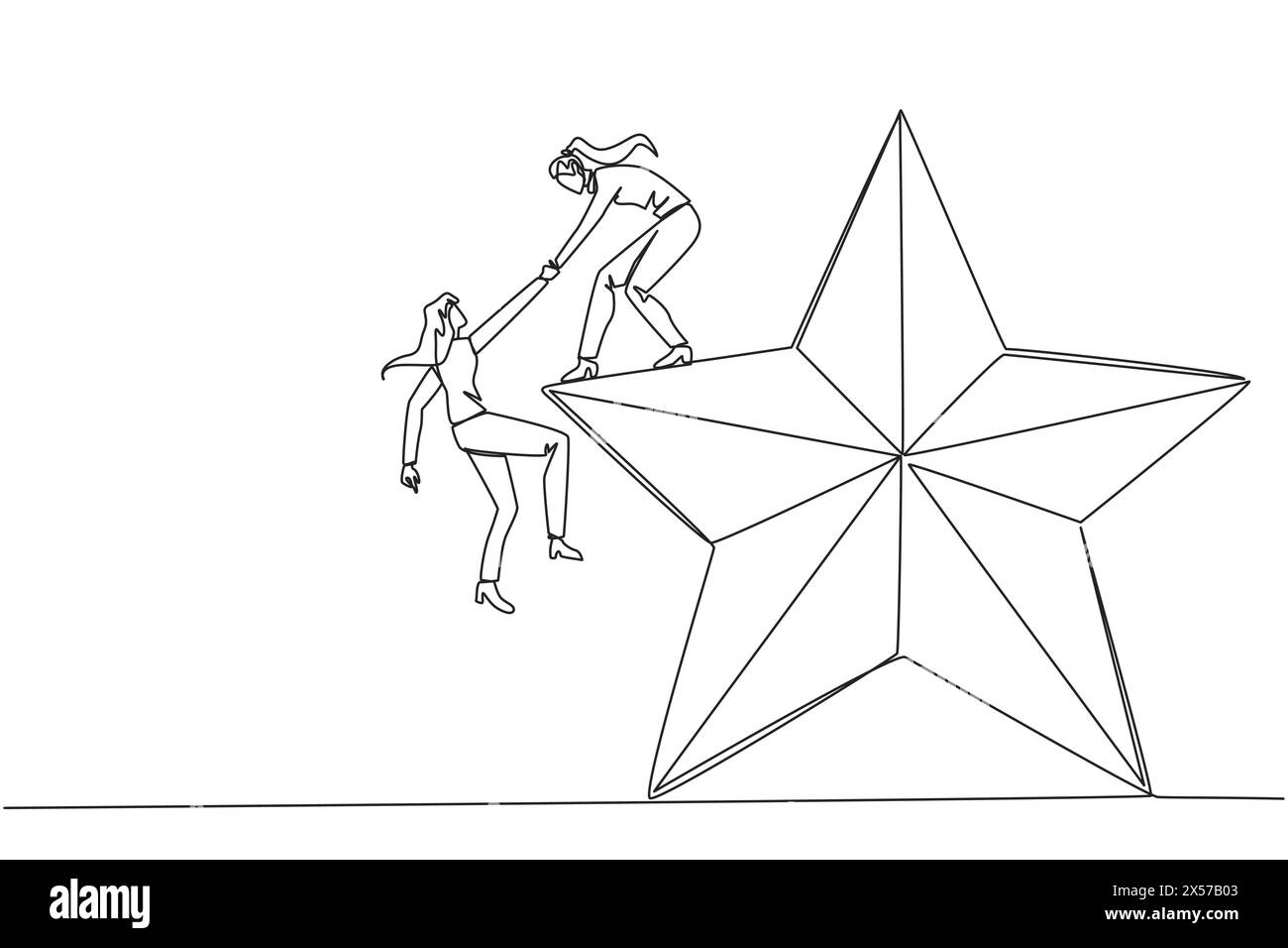 Continuous one line drawing businesswoman helps colleague climb big ...