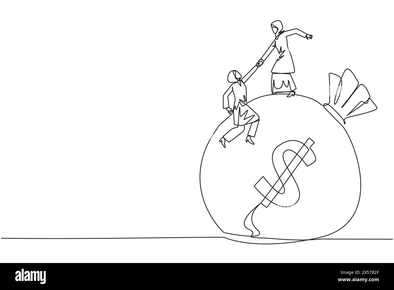 Single one line drawing Arabian businesswoman helps colleague to climb ...