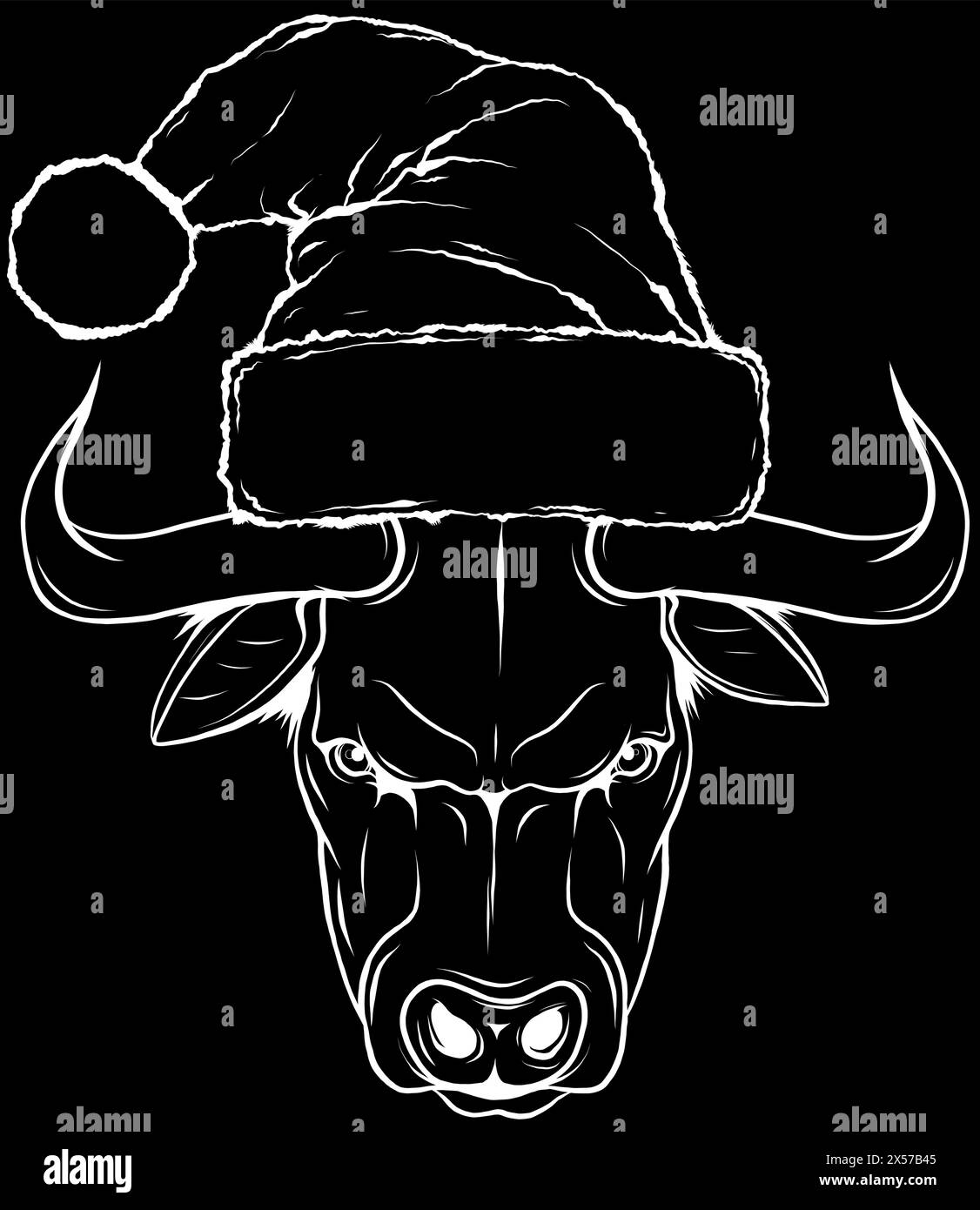 white silhouette of bull with bangs in a red Santa s hat on black ...