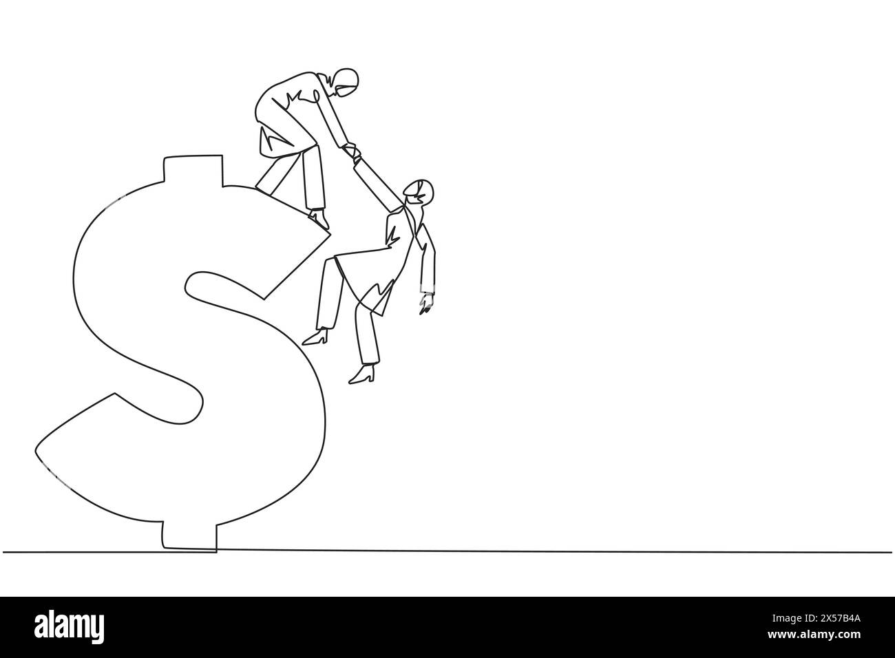 Single continuous line drawing Arabian businesswoman helps colleague ...