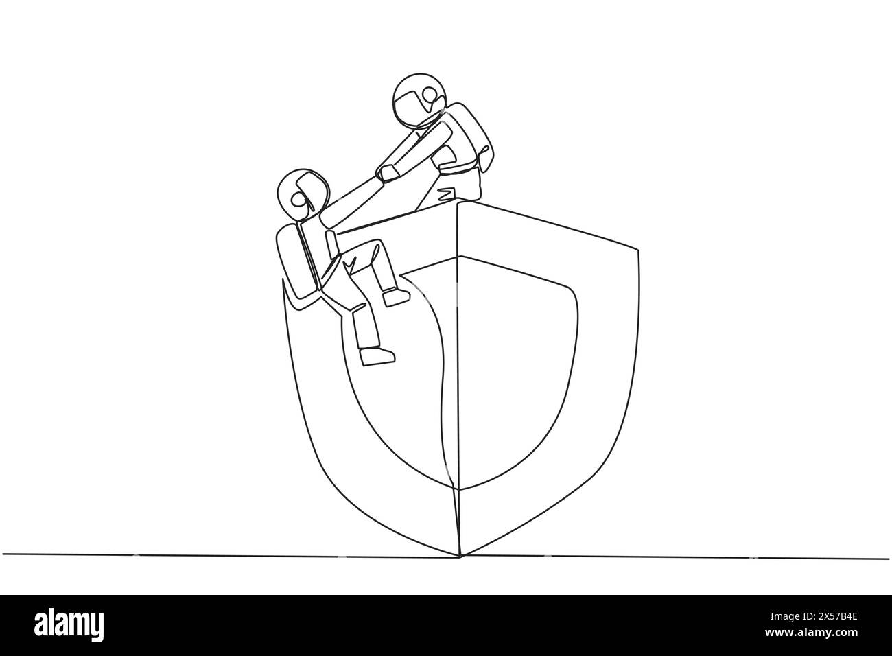 Continuous one line drawing young astronaut helps colleague climbs big ...